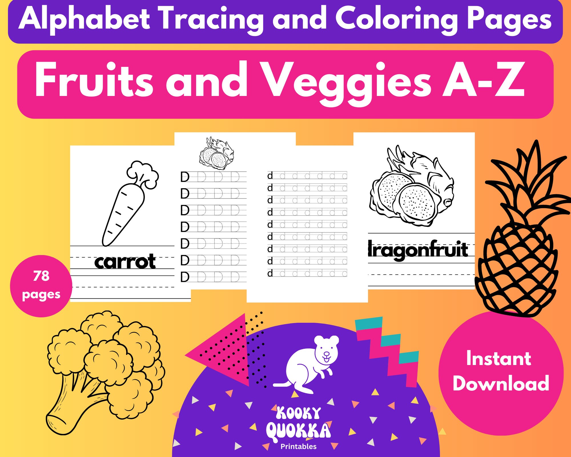 Fruits and Veggies A-Z Coloring Sheets and Alphabet Tracing - Etsy