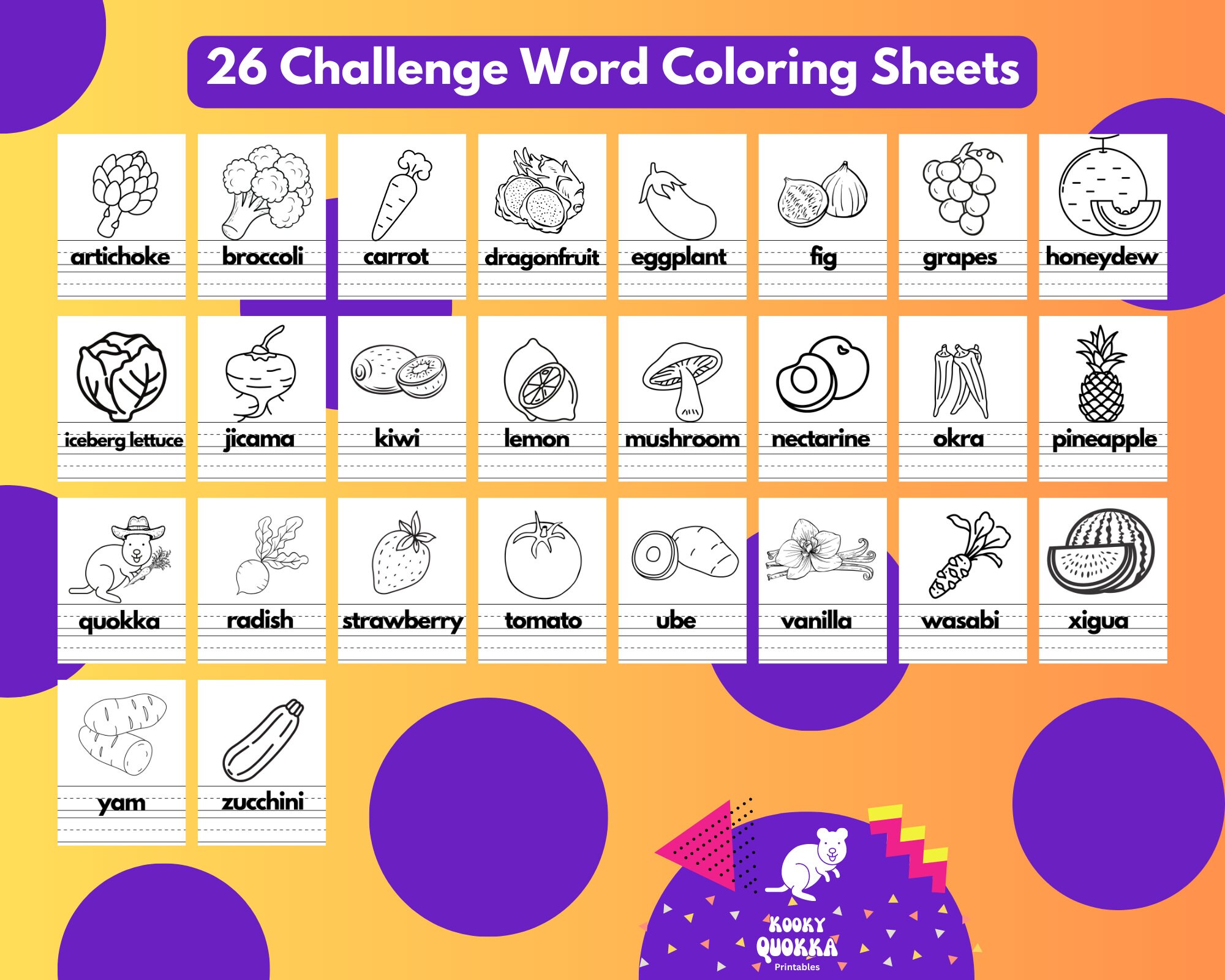 Fruits and Veggies A-Z Coloring Sheets and Alphabet Tracing Sheets - Etsy