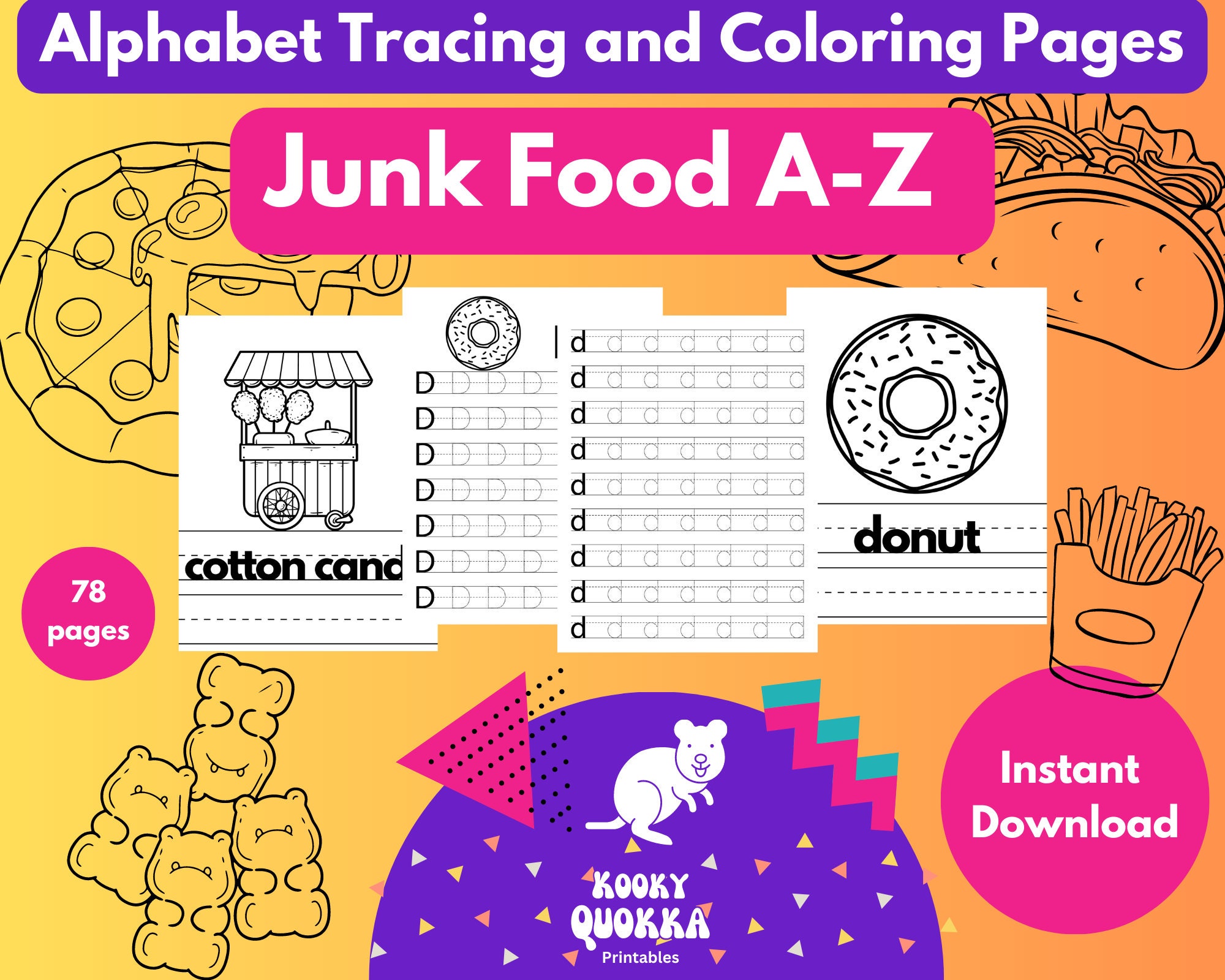 Junk Food A-Z Coloring Pages and Alphabet Tracing Sheets - Etsy