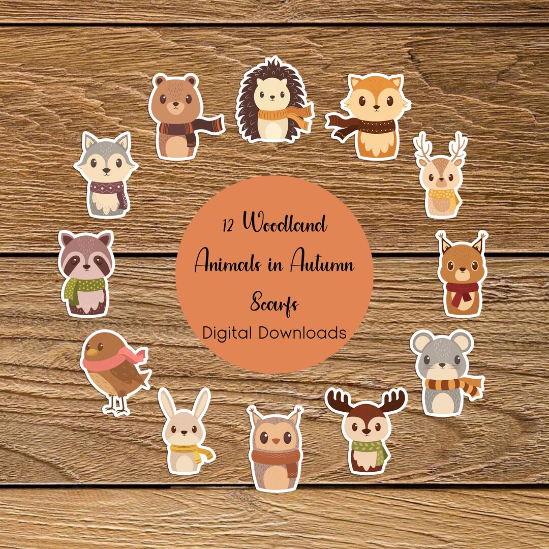 Set of 12 Woodland Animals in Autumn Scarfs Stickers. Digital - Etsy