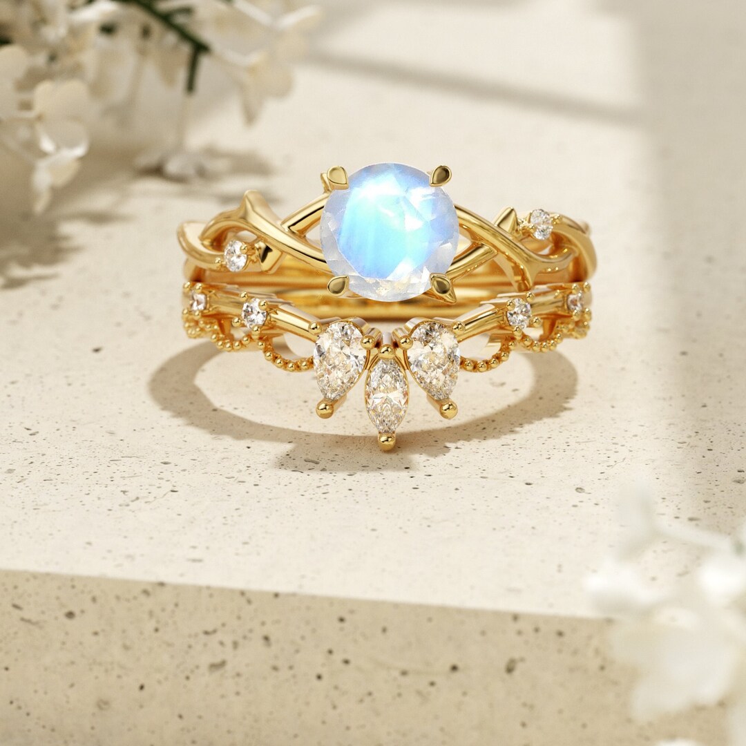 Vintage Moon Stone Ring Set Silver Ring Branch Ring Moon Stone Ring for Women Moon Stone Jewelry ...