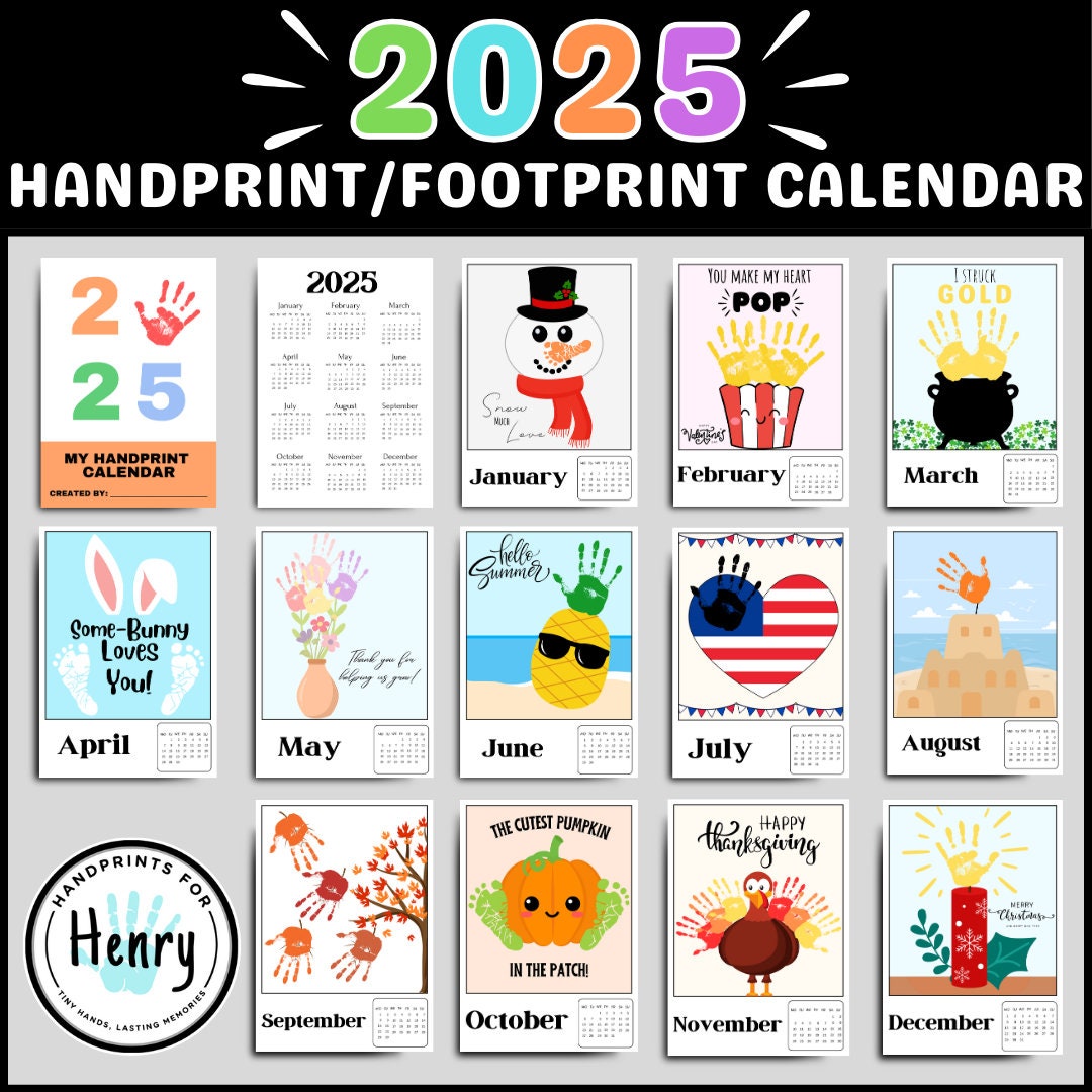 2025 Handprint & Footprint Monthly Calendar, Printable Craft Activities ...