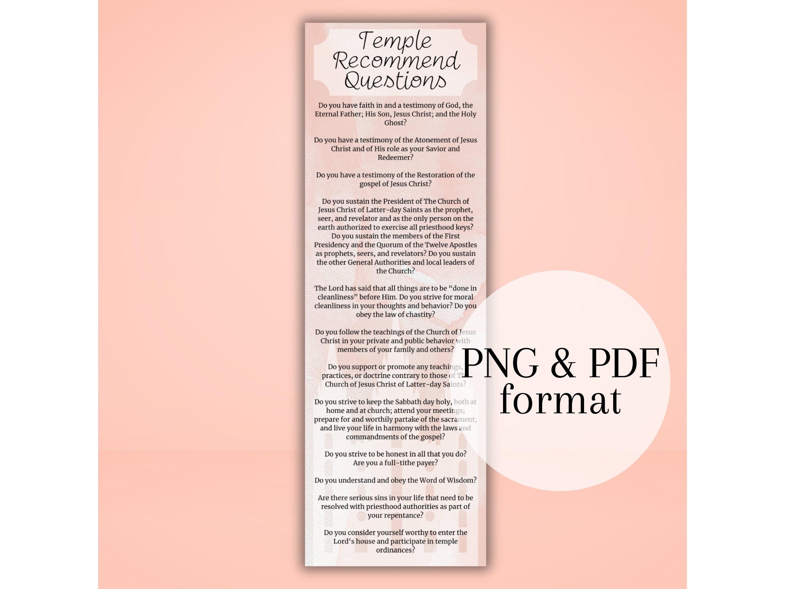 Temple Recommend Questions Bookmark, Latter-day Saint Young Women ...
