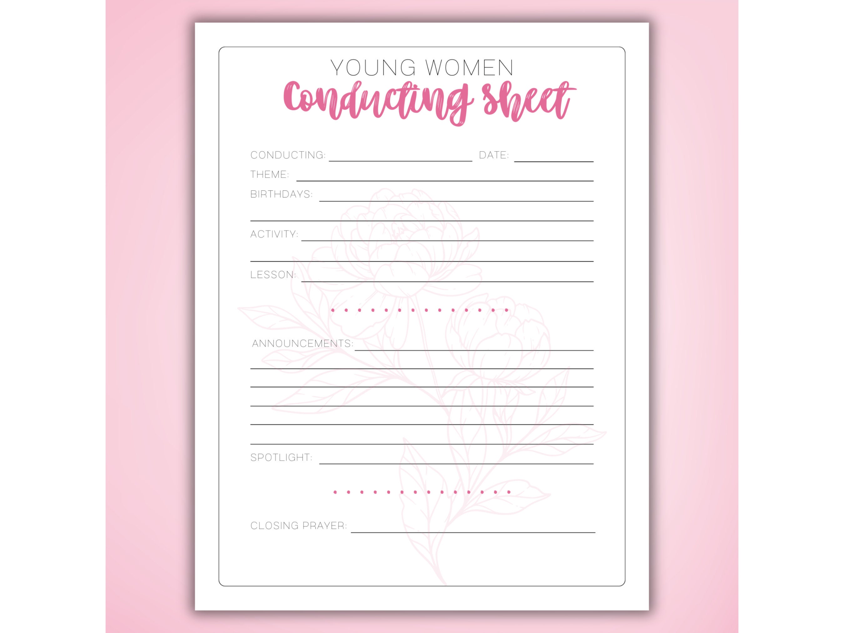 Young Women Conducting Sheet, Young Women Binder, Young Women ...