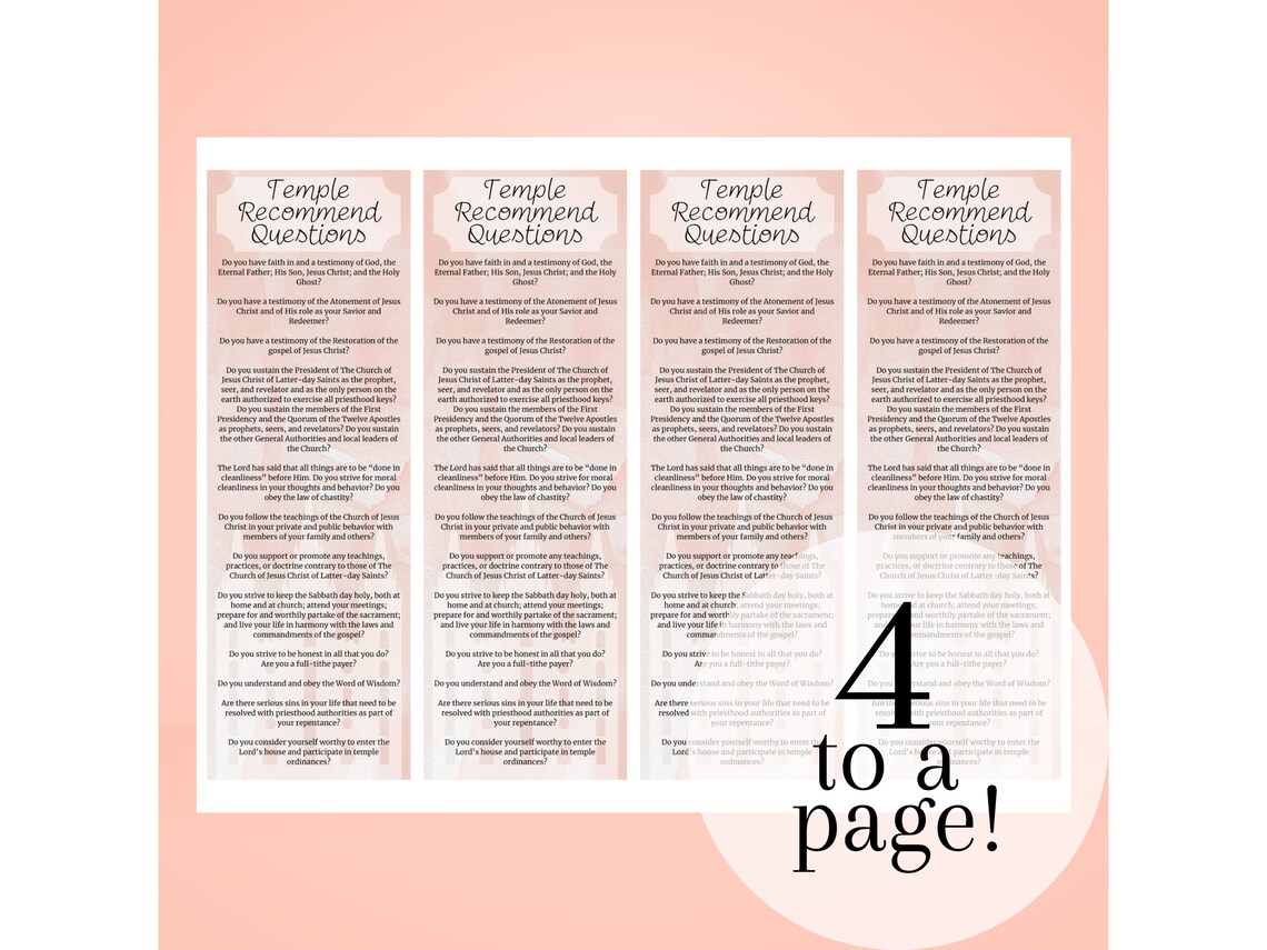 Temple Recommend Questions Bookmark, Latter-day Saint Young Women ...