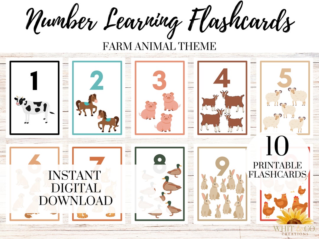 Printable Preschool Number Learning Flashcards Farm Animal - Etsy