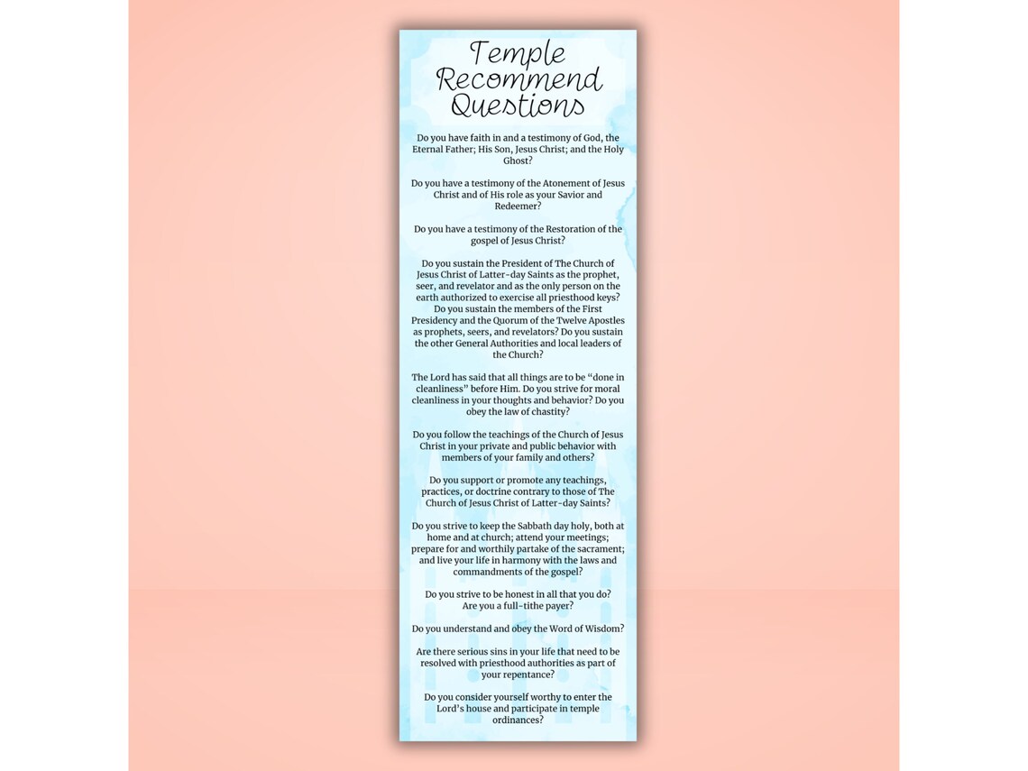 Temple Recommend Questions Bookmark, Latter-day Saint Young Women ...