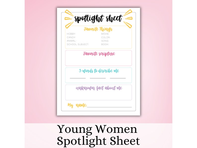 Young Women Spotlight Sheet, Young Women Binder, Young Women Presidency ...