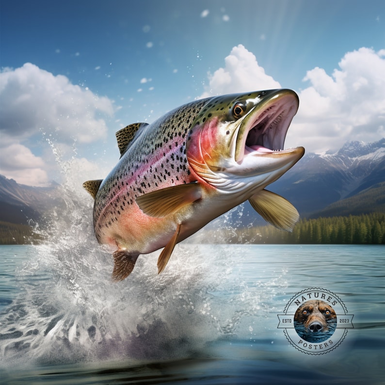 Digital Download Poster: Dancing Rainbows - Realistic Rainbow Trout Jumping Out of Water ...