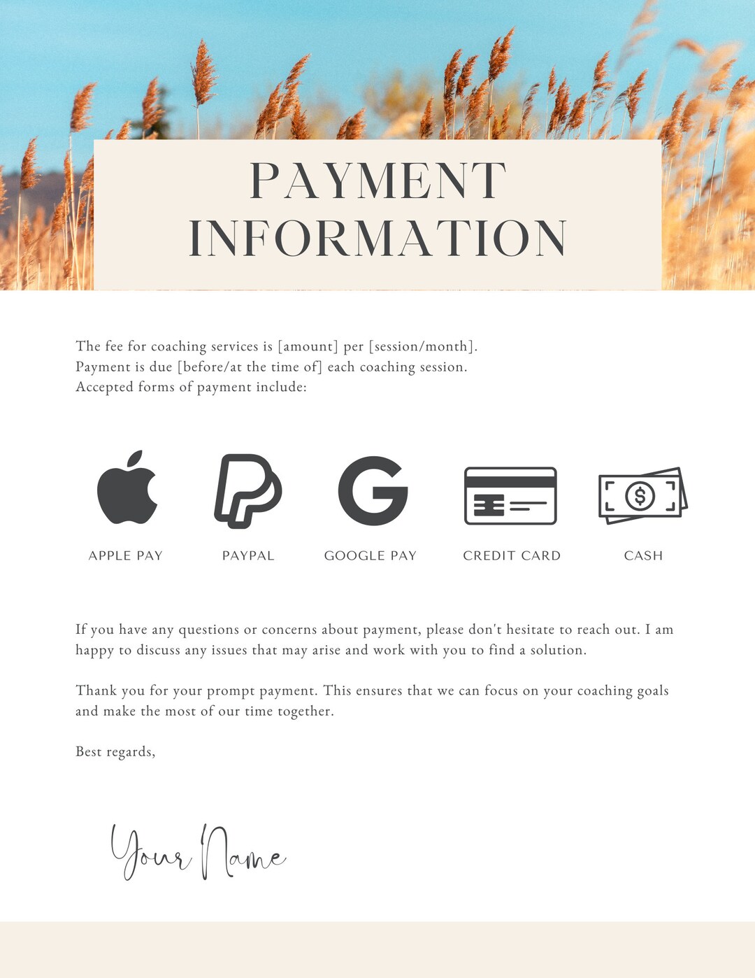 Payment Information Template for Business Owners or Coaches - Etsy