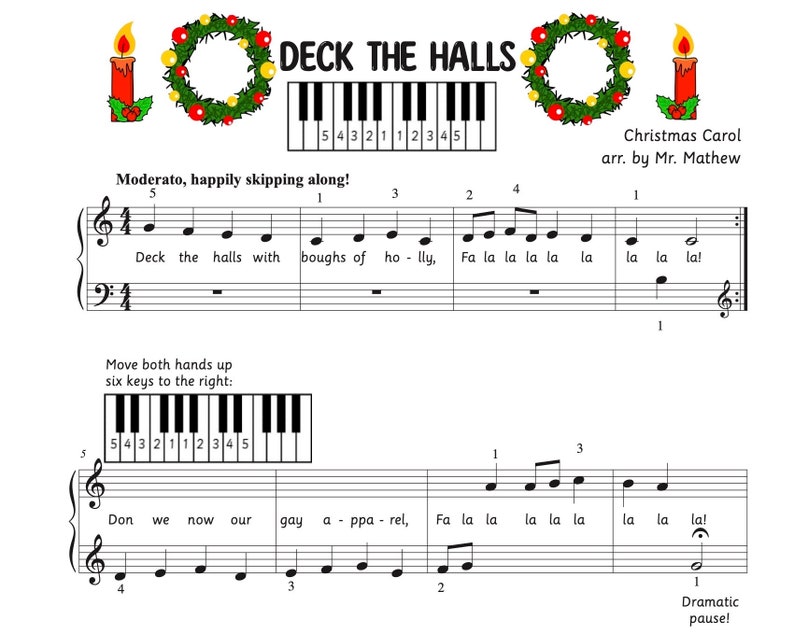 Deck the Halls Beginner Two-hand Piano Christmas Song, Music for Kids ...