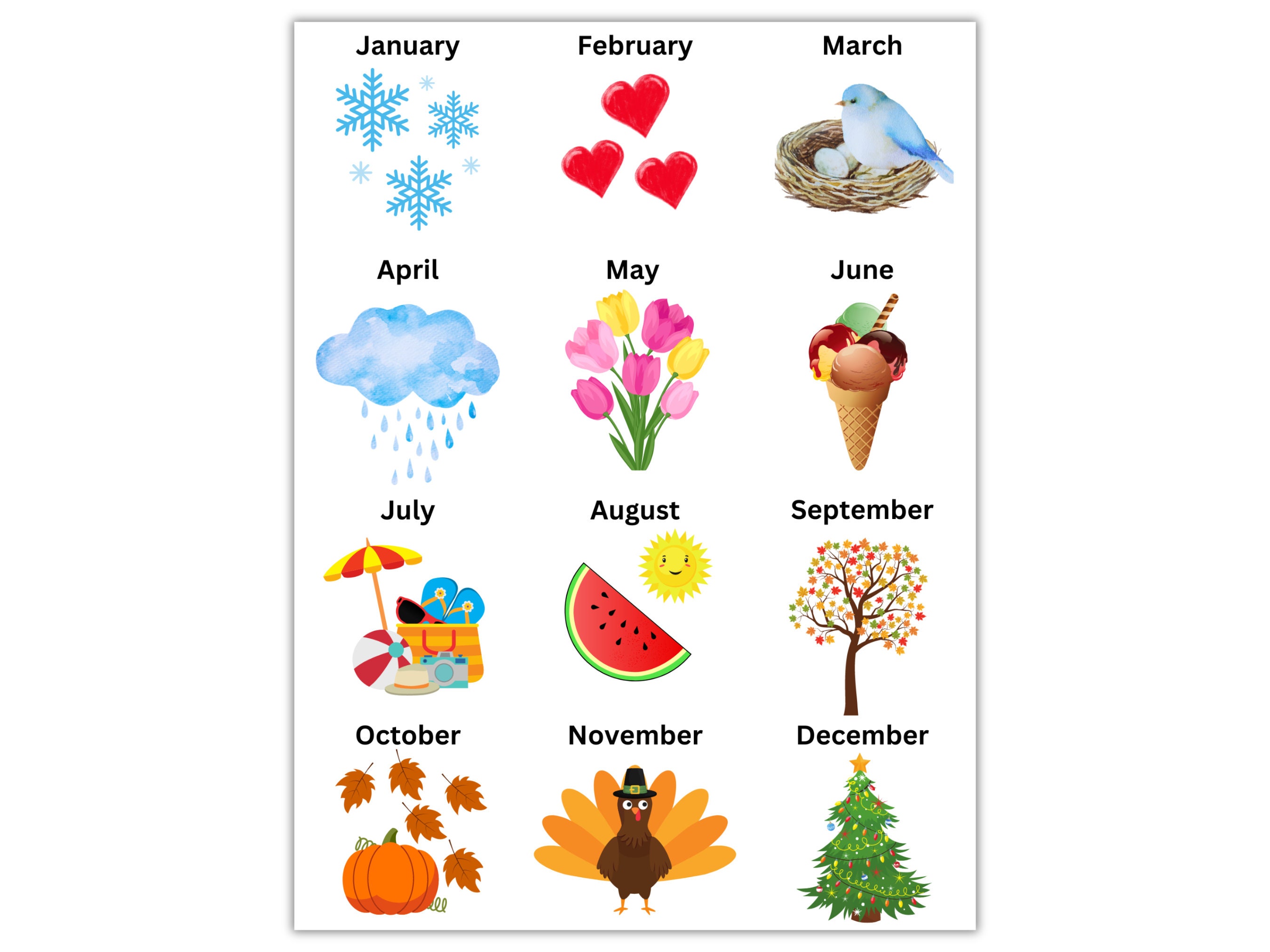12 Months Flashcards, Bonus Poster, Printable, Education, Preschool ...