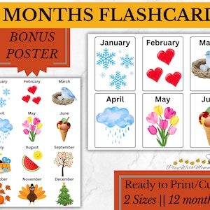 12 Months Flashcards, Bonus Poster, Printable, Education, Preschool ...