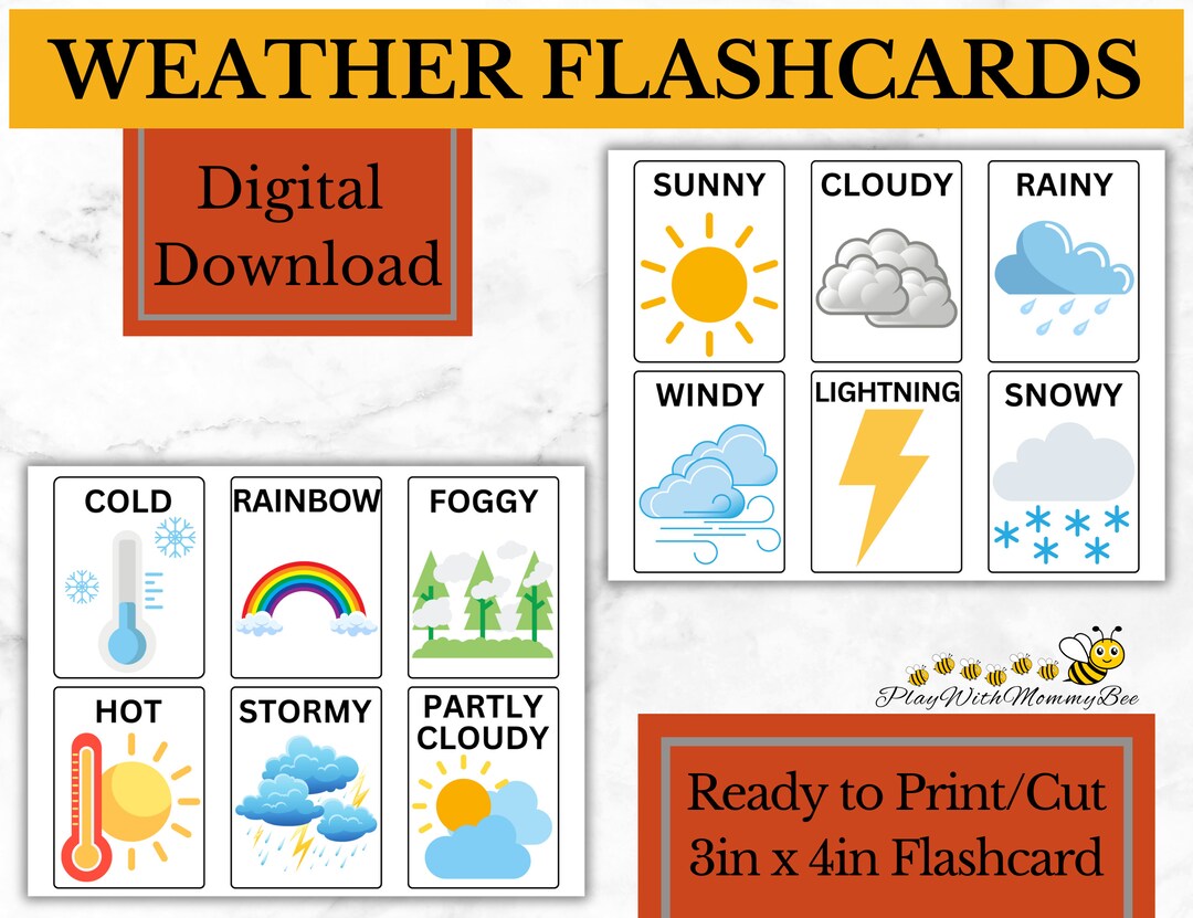 Weather Flashcards Printable Weather Educational Preschool - Etsy
