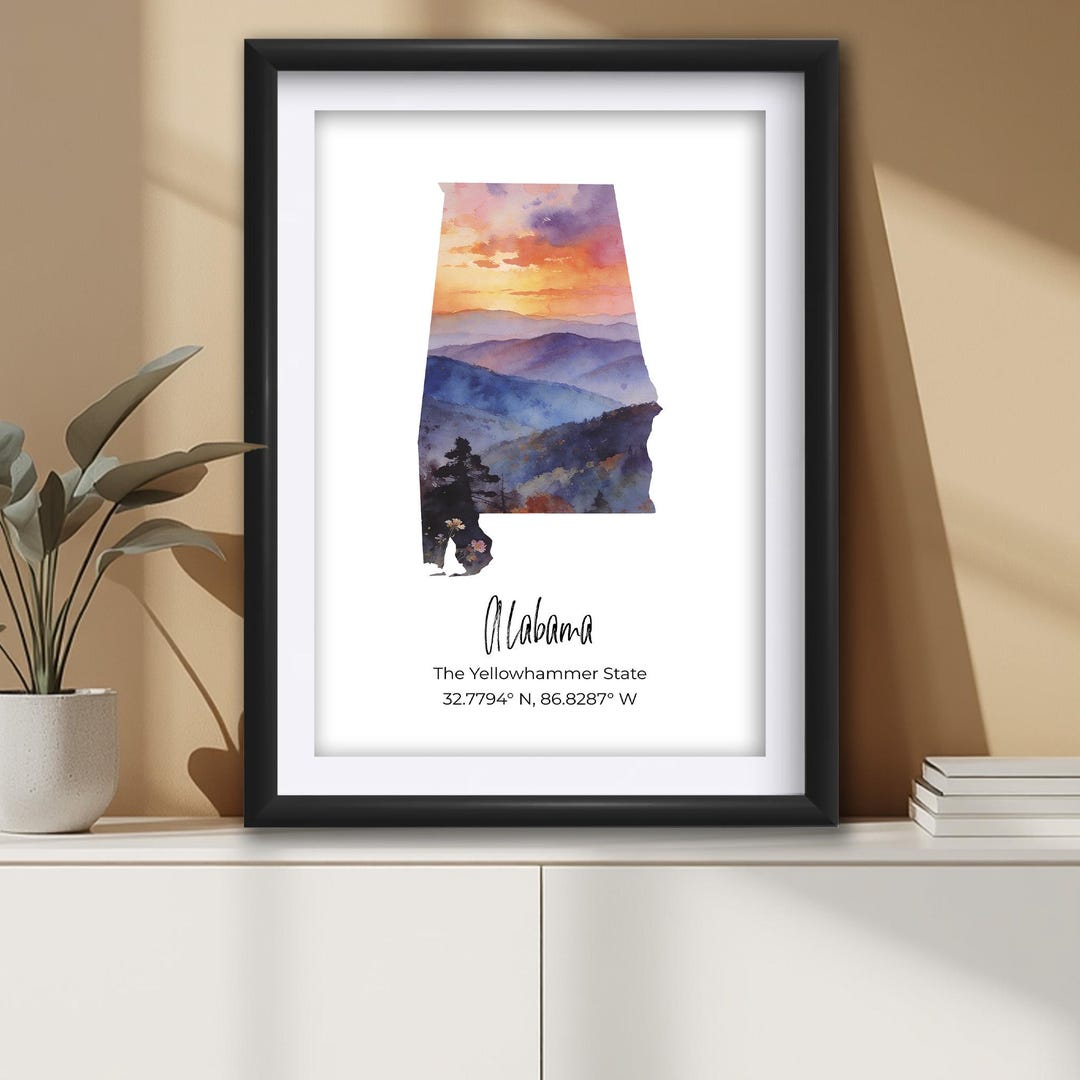 Alabama State Map Wall Art Print, Watercolor Sunset Decor - Etsy