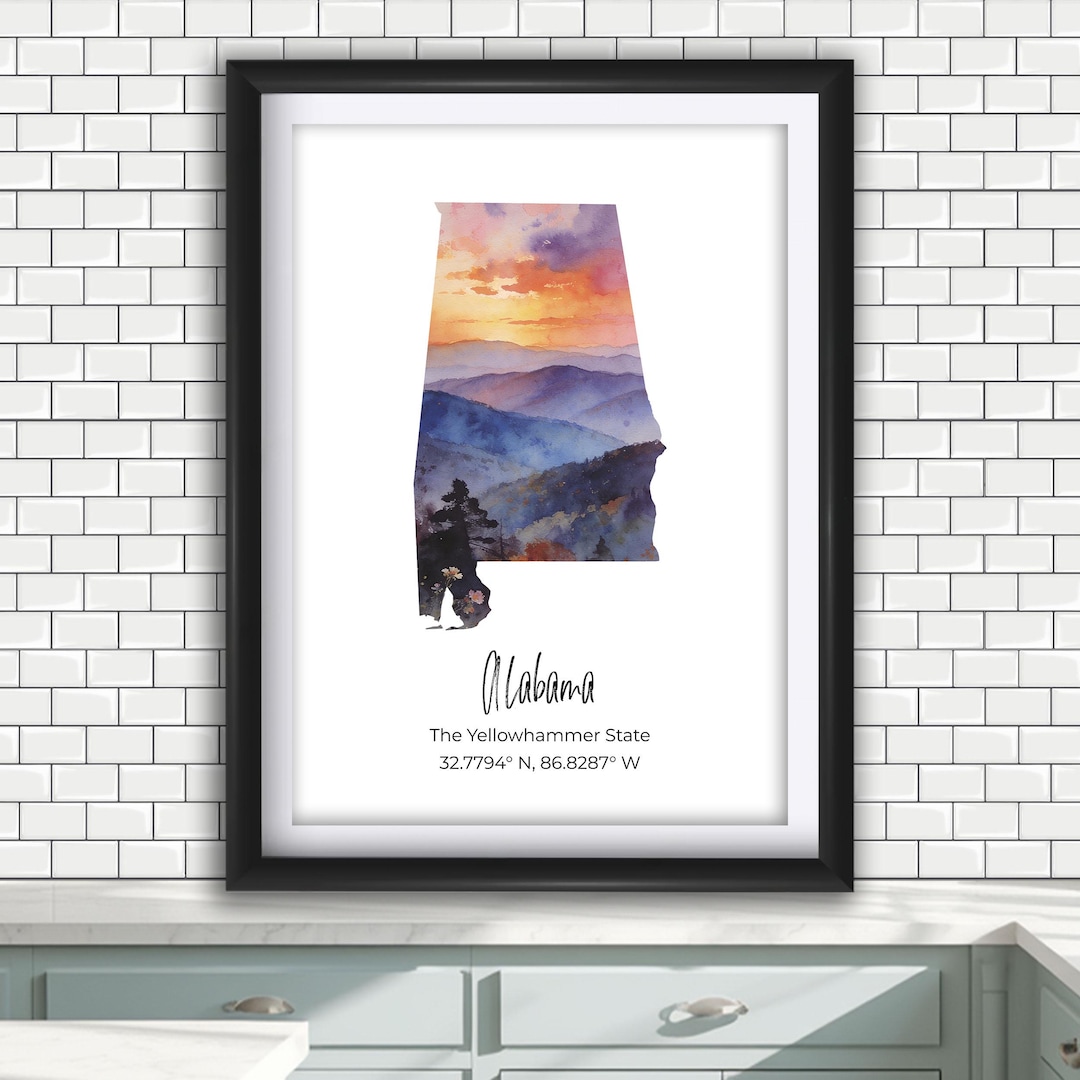Alabama State Map Wall Art Print, Watercolor Sunset Decor - Etsy