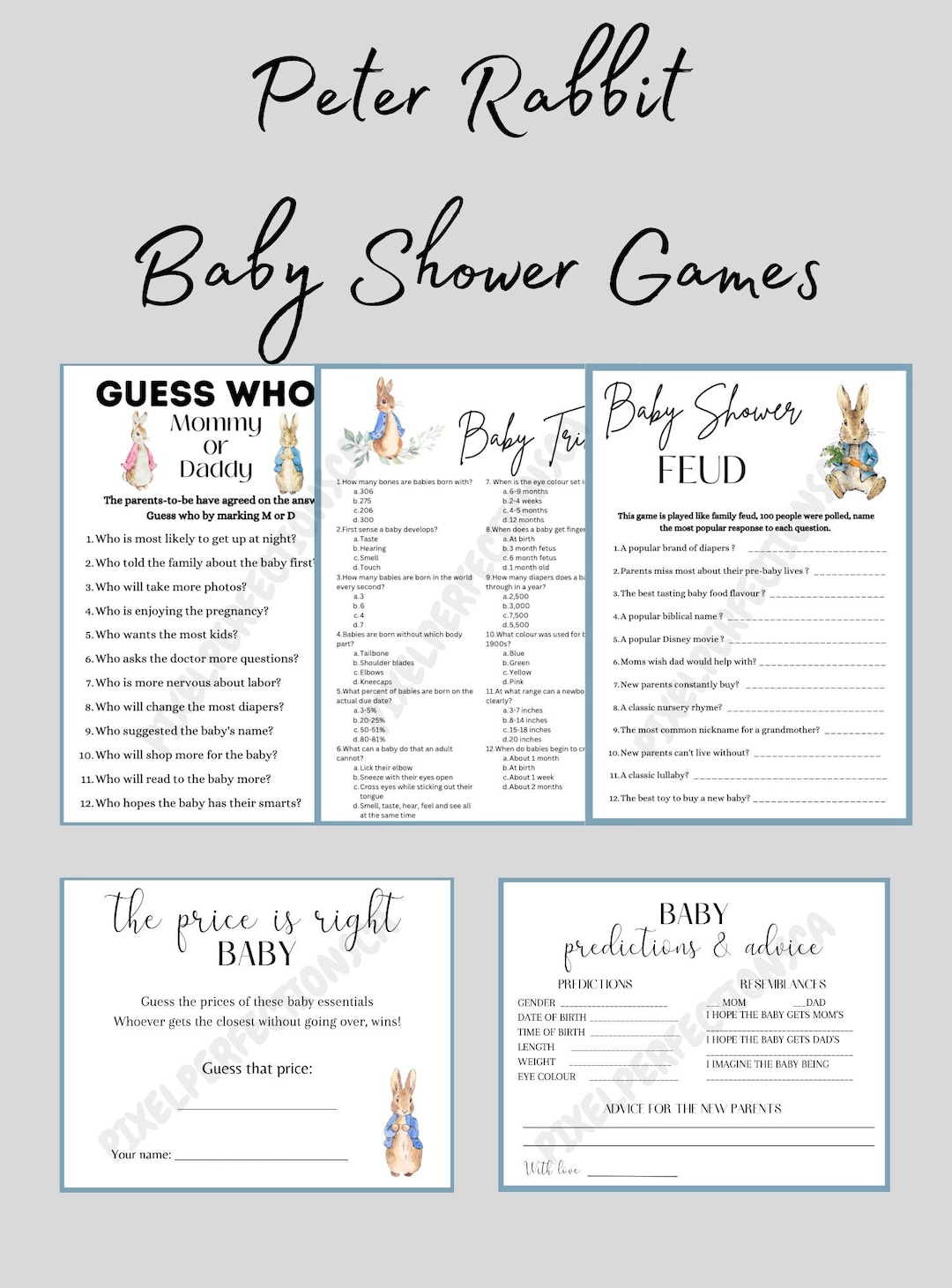 Peter Rabbit Baby Shower Games, Printable, Editable Template, Blue ...