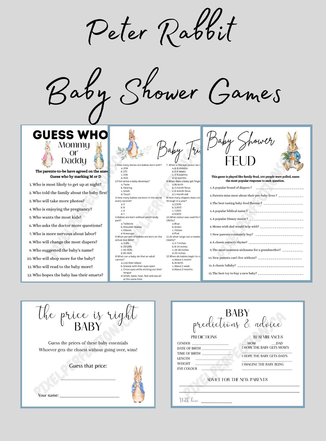 Peter Rabbit Baby Shower Games, Printable, Editable Template, Blue ...