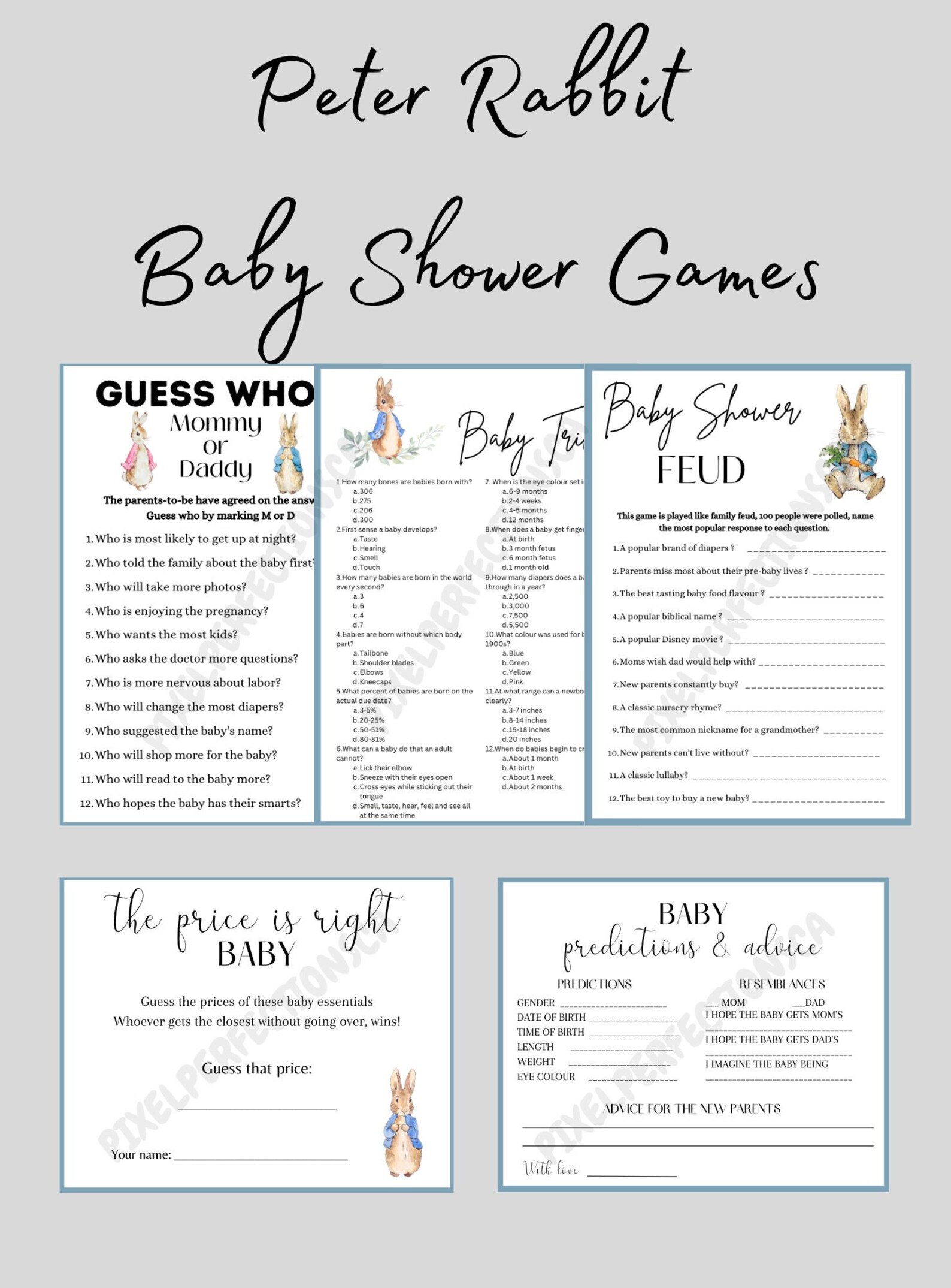 Peter Rabbit Baby Shower Games, Printable, Editable Template, Blue ...