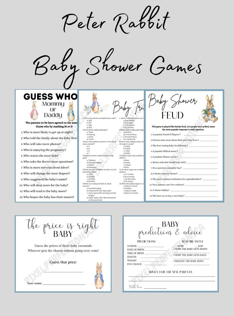 Peter Rabbit Baby Shower Games, Printable, Editable Template, Blue ...
