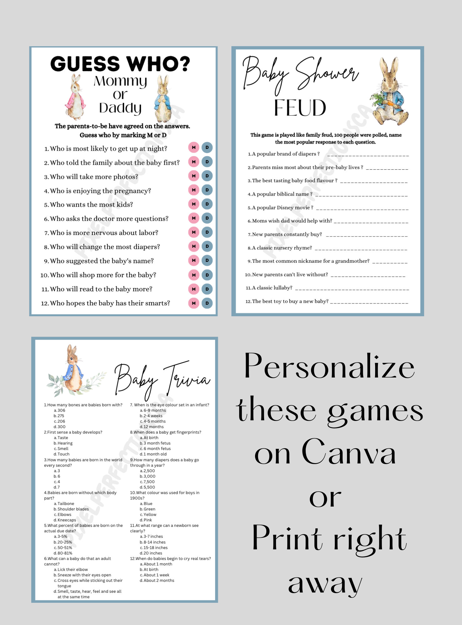 Peter Rabbit Baby Shower Games, Printable, Editable Template, Blue ...