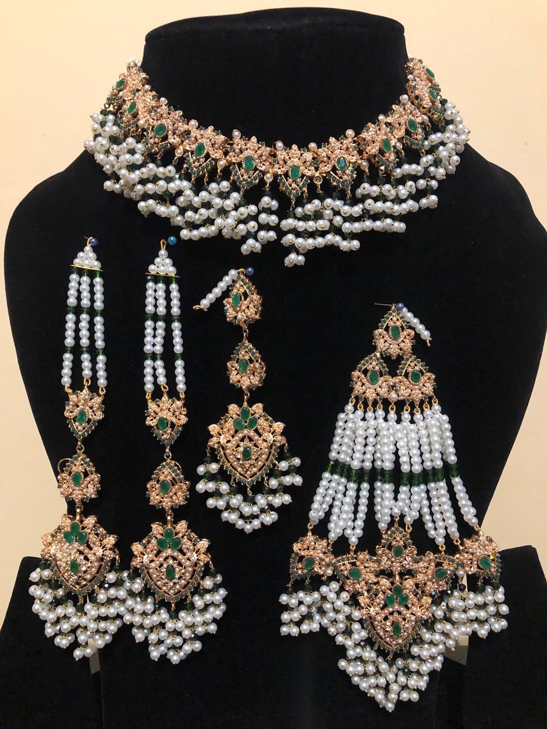 Bridal Golden, White and Green Wedding Necklace Set With Earrings ...