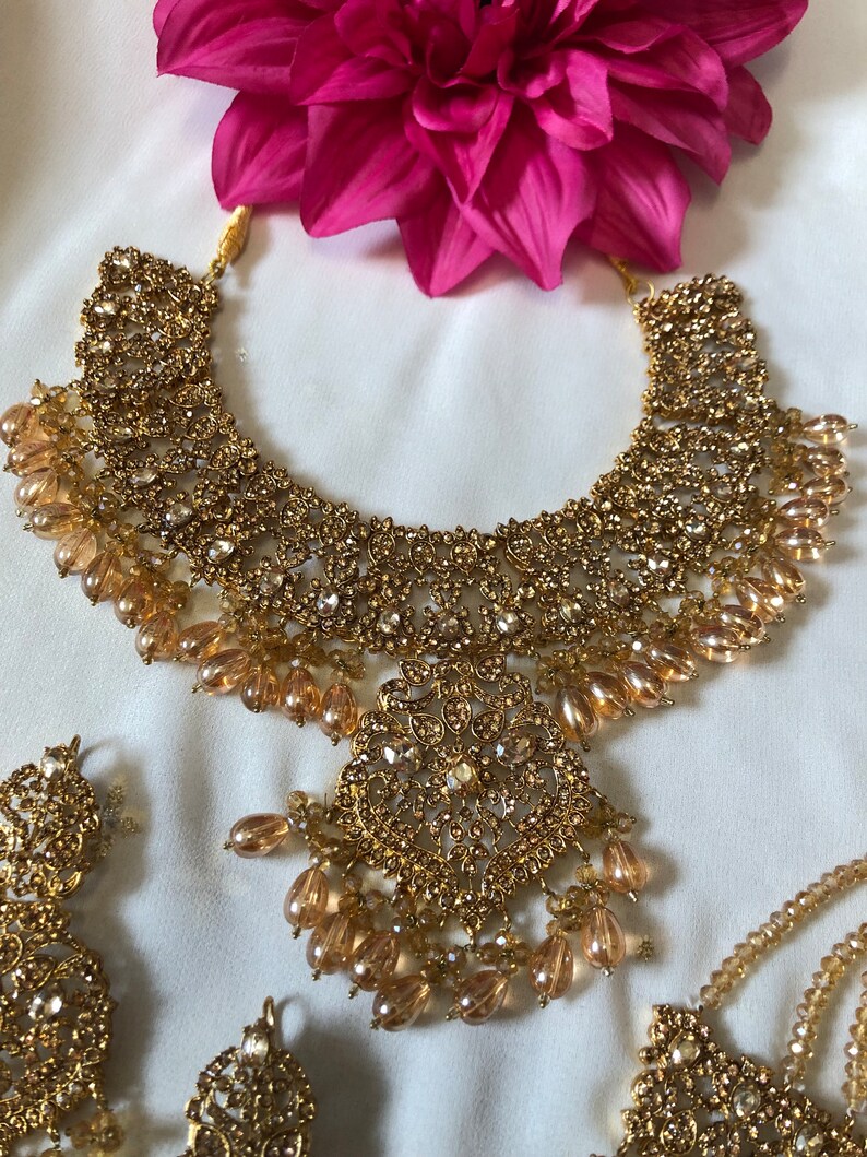 Indian Pakistani Golden With Champagne Gold Pearl Beads Nauratan ...