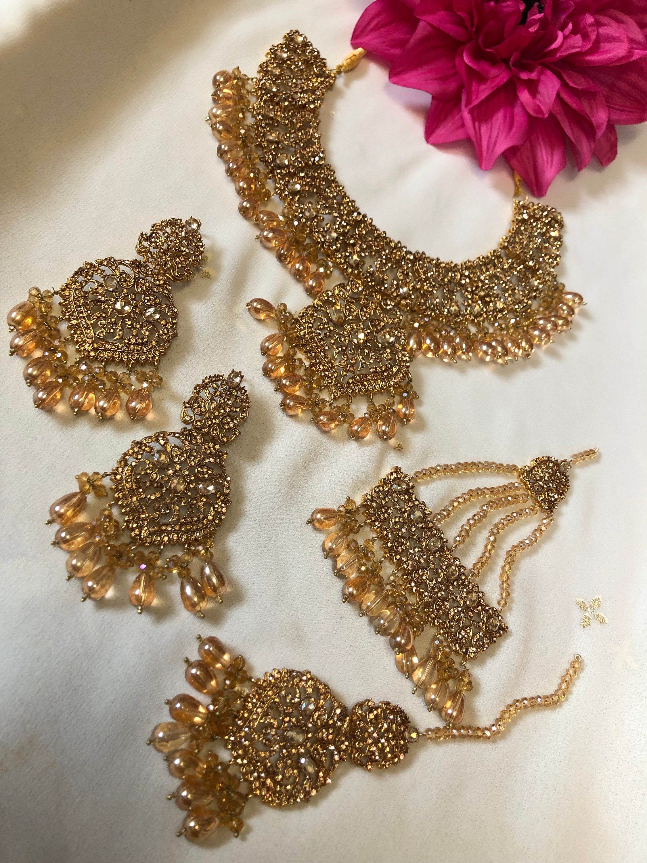 Indian Pakistani Golden With Champagne Gold Pearl Beads Nauratan ...
