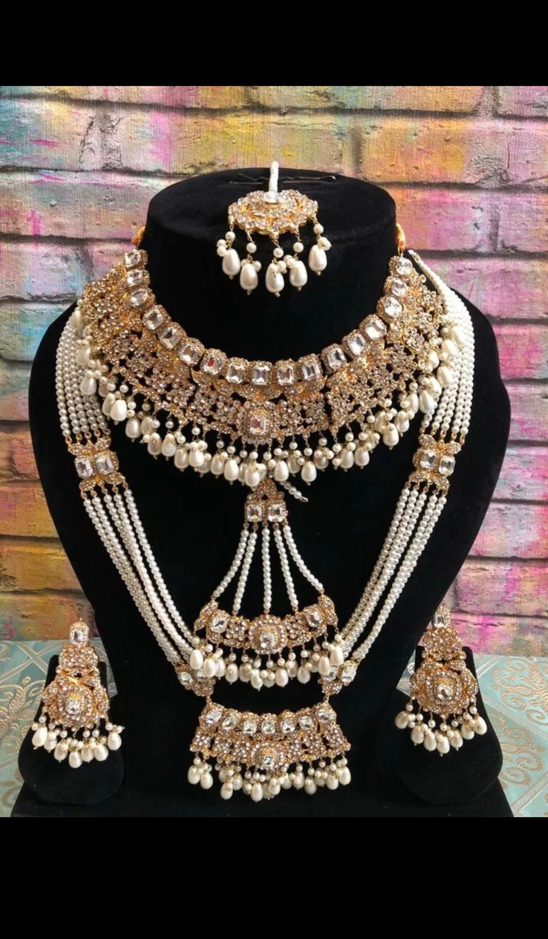 Indian Pakistani Bridal Gold and White Wedding Jewellery Set With Mala ...
