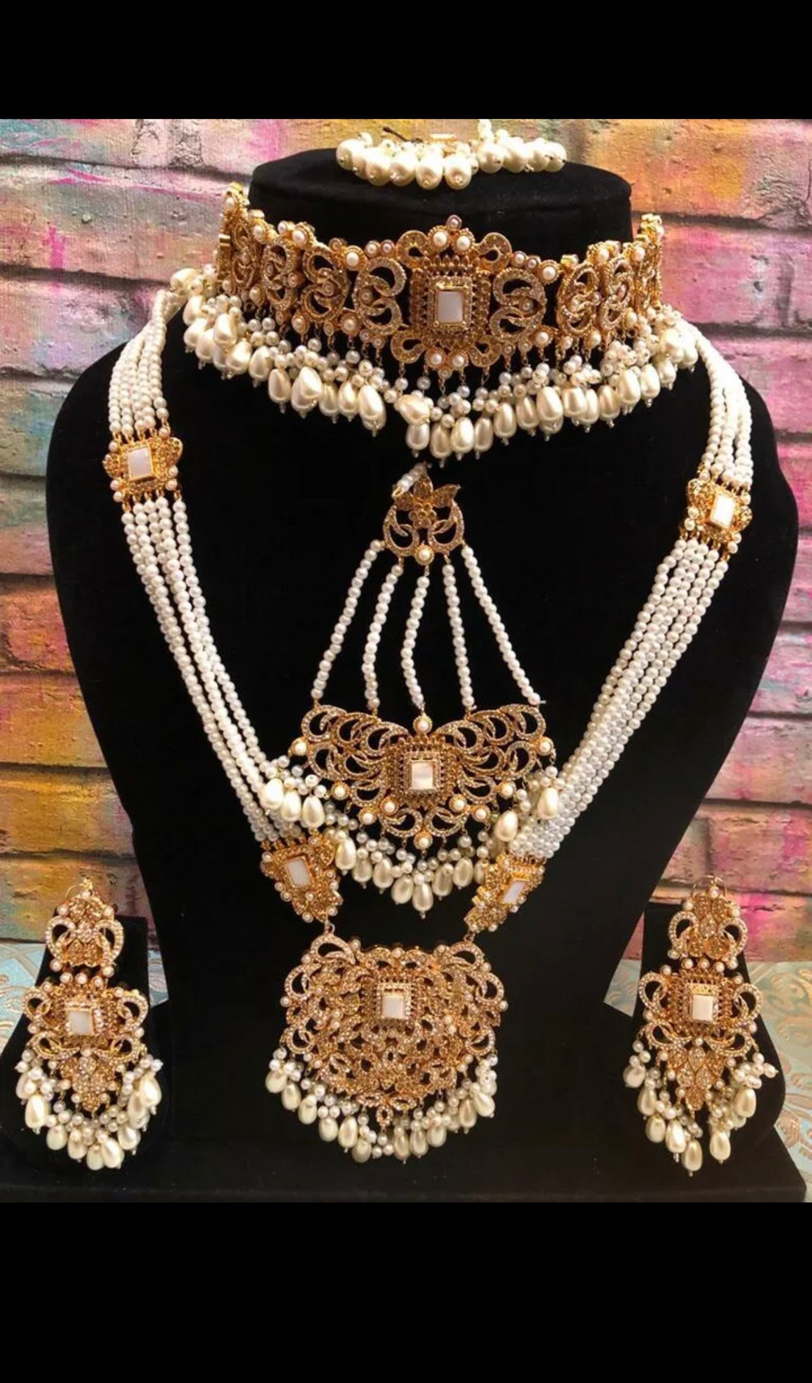 Indian Pakistani Bridal Gold and White Wedding Jewellery Set With Mala ...