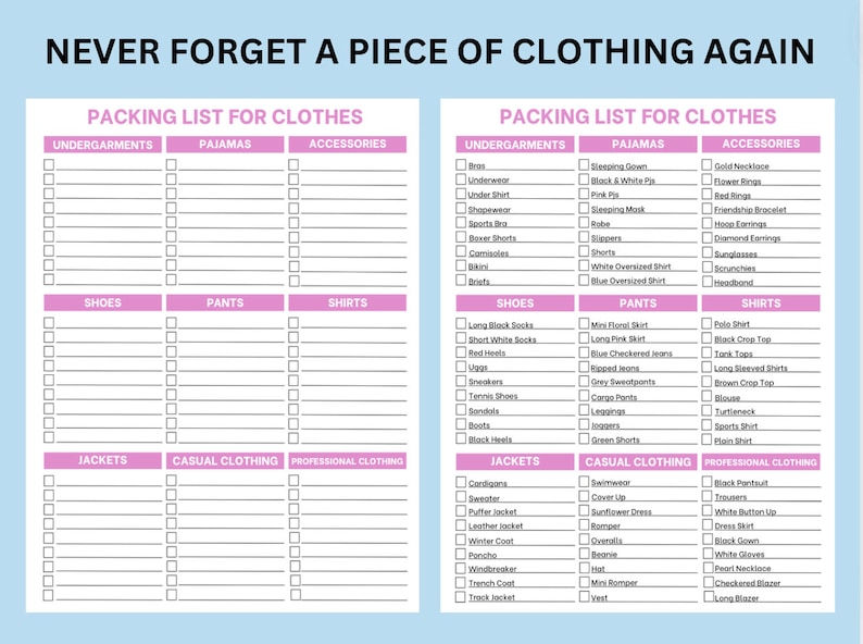 Packing List Templates Canva | Vacation Packing List | Clothes Packing ...