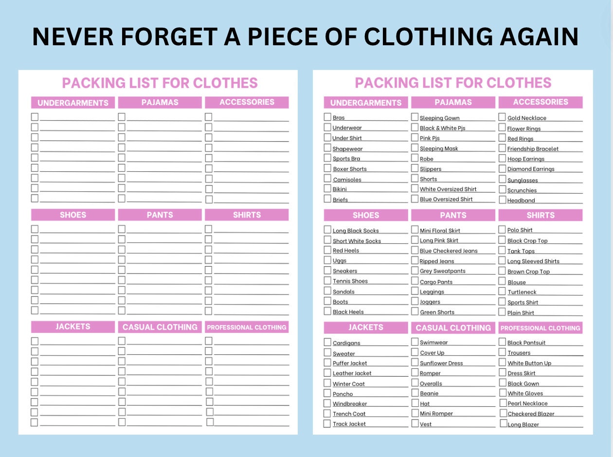 Packing List Templates Canva | Vacation Packing List | Clothes Packing ...