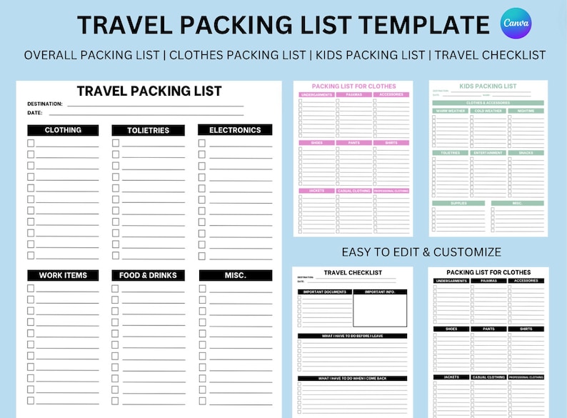 Packing List Templates Canva | Vacation Packing List | Clothes Packing ...