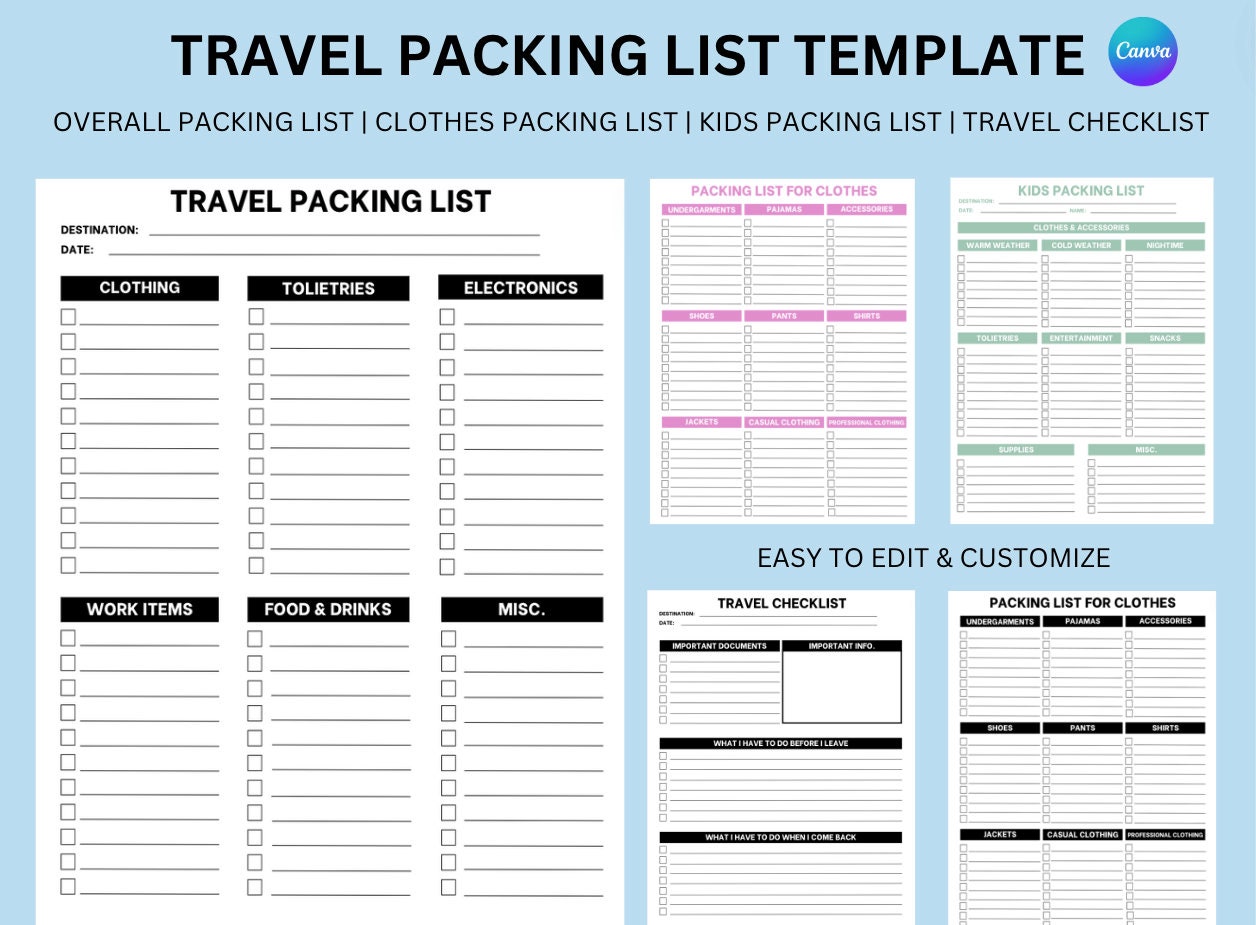 Packing List Templates Canva | Vacation Packing List | Clothes Packing ...