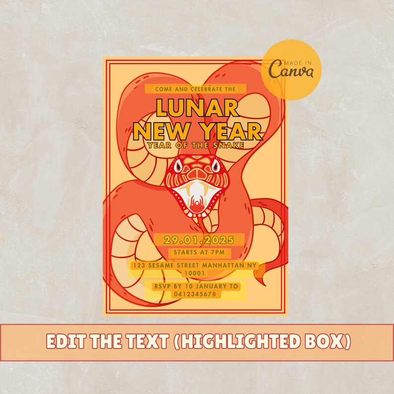 Editable Lunar New Year 2025 Invite Year of the Snake Chinese New Year ...