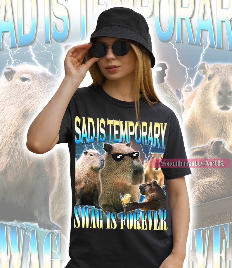 Sad is Temporary Swag is Forever Shirt, Retro Capybara Tshirt, Funny ...
