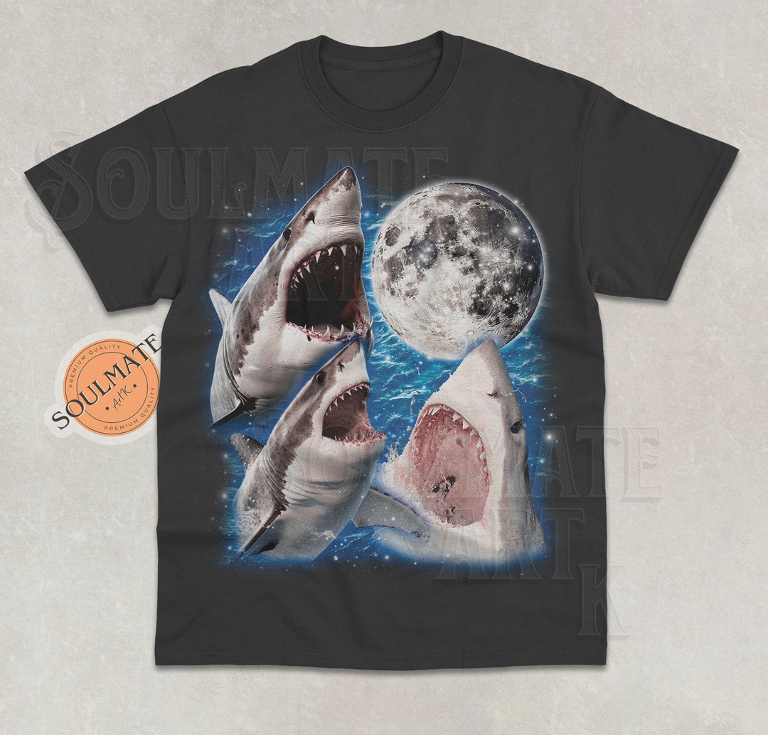 Three Sharks Moon Shirt, Retro Shark Ocean Graphic Tshirt, Sea Life ...