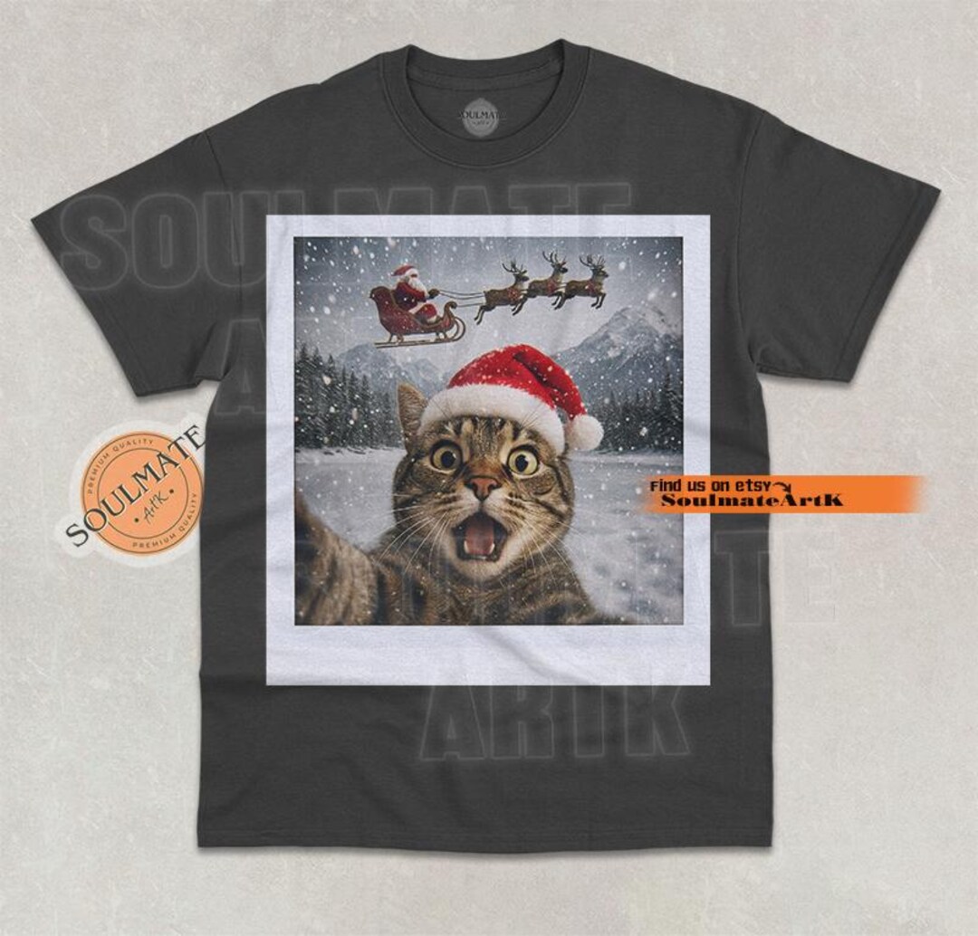 Funny Curious Cat Santa Mugshot, Cute Cat Xmas Tshirt, Santa Joke ...