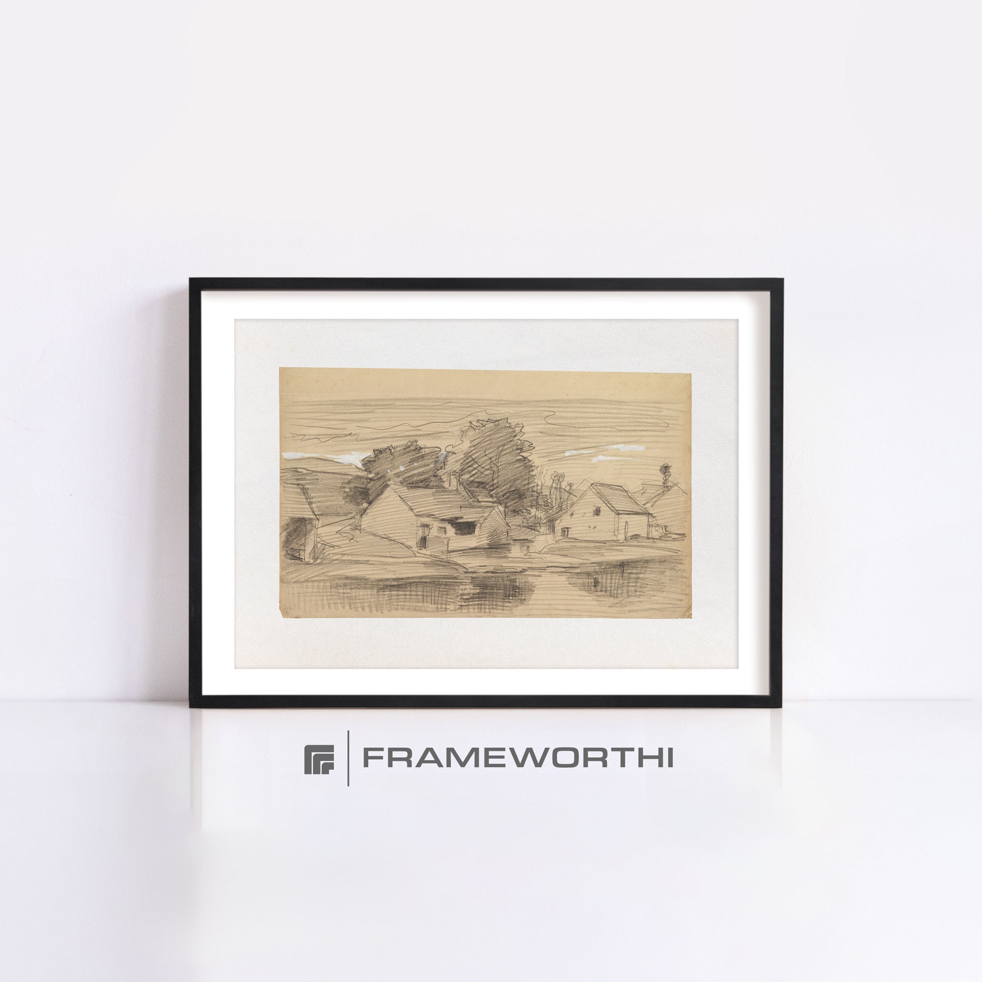 Vintage Farmhouse Landscape Pencil Drawing | Impressionist French ...