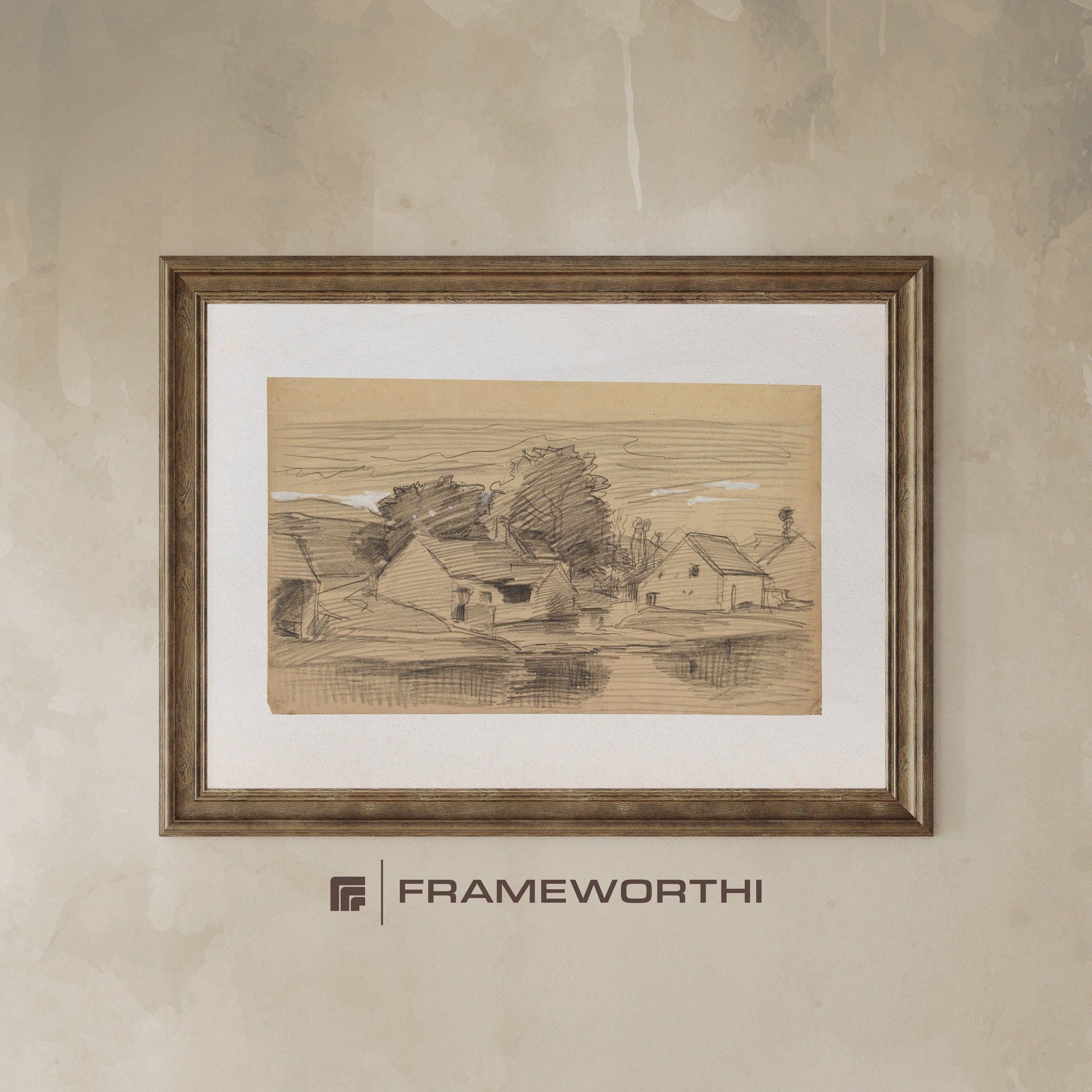 Vintage Farmhouse Landscape Pencil Drawing | Impressionist French ...