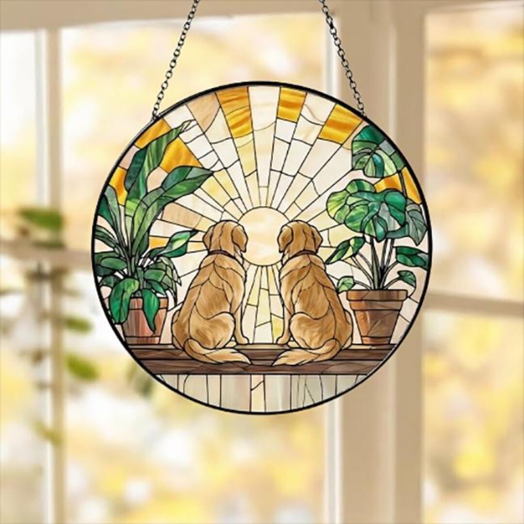 Couple Golden Retriever Dog Glass Suncatcher, Dog Plant Window Hanging ...