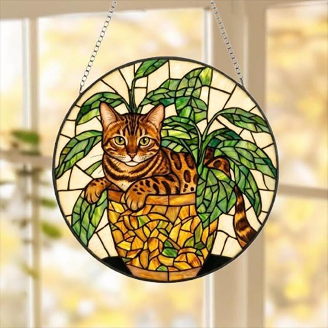 Bengal Cat Stained Glass Window Hanging for Plant Lovers, Cozy Sunlit ...