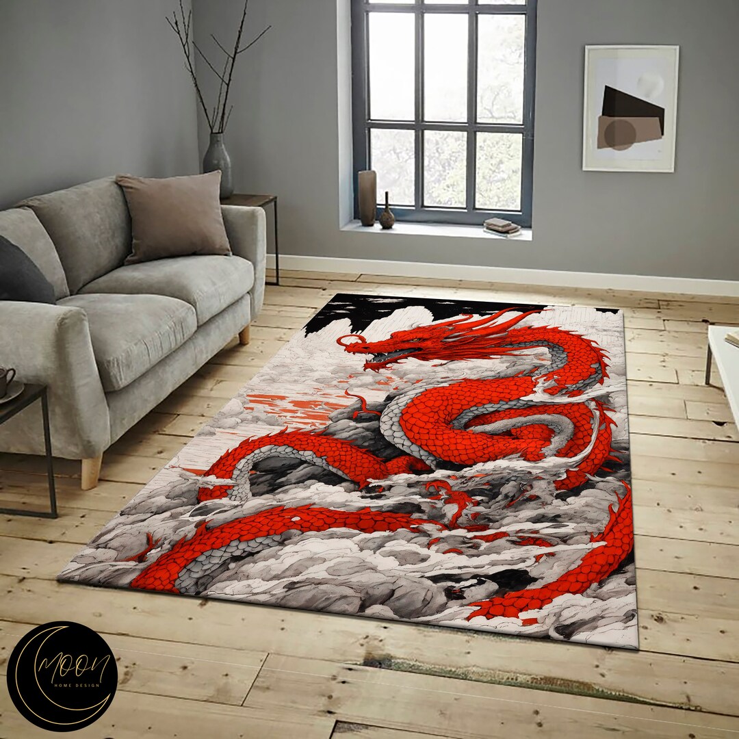 Red Dragon Rug, Dragon Theme Rug, Dragon Design Rug, Japanese Dragon ...