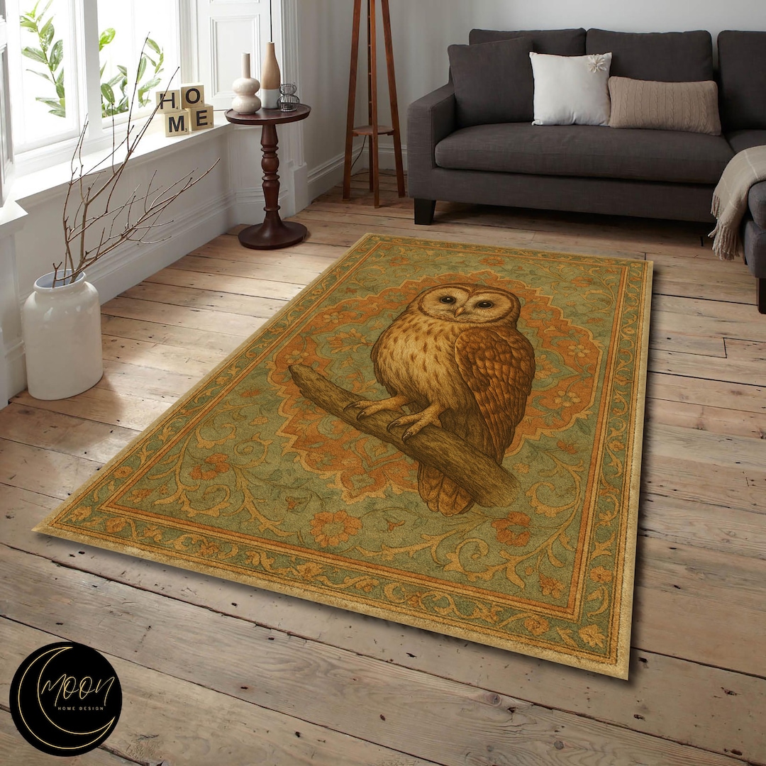 Vintage Owl Forest Rug, Earthy Green Orange Decor, Washable Non-slip ...
