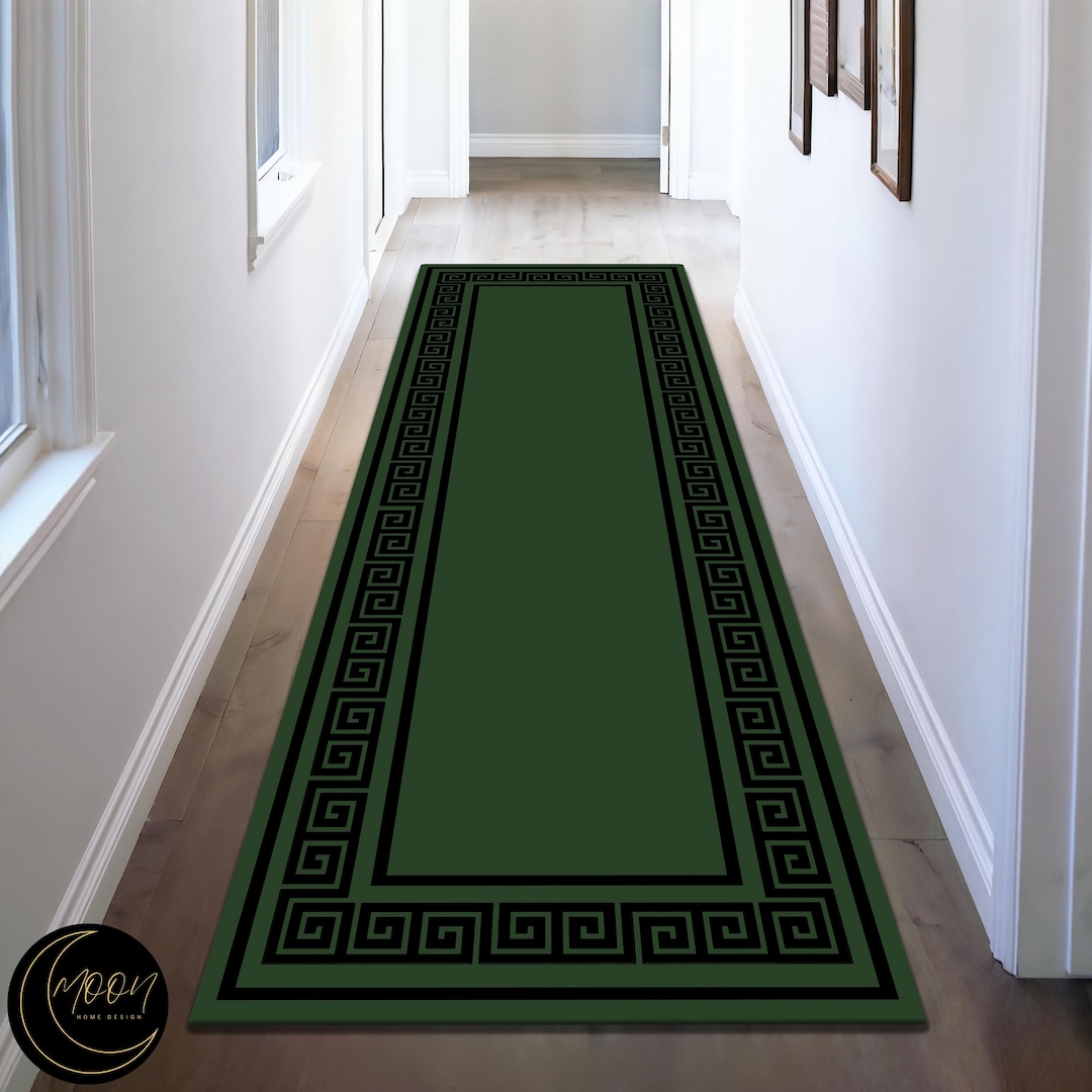 Emerald Green Hallway Runner Rug: Modern Greek Key Design - Etsy