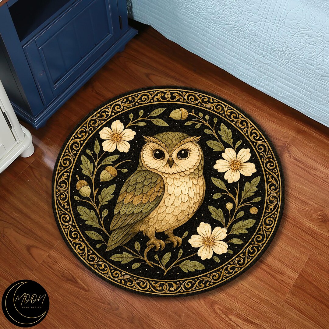 Floral Owl Rug: Boho Woodland Decor, Washable Round Carpet - Etsy