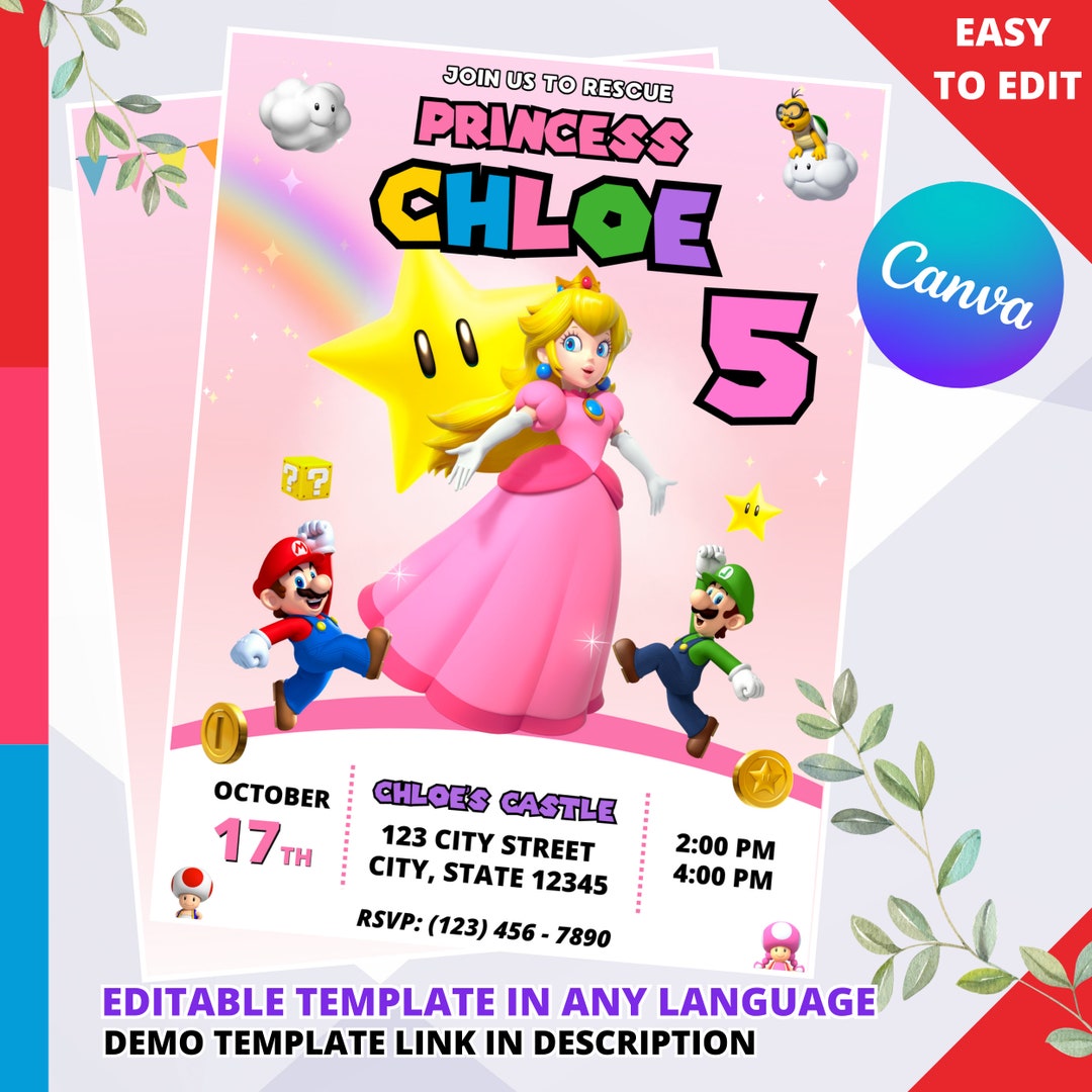 Princess Peach Invitation Birthday Invitation for Girl - Etsy