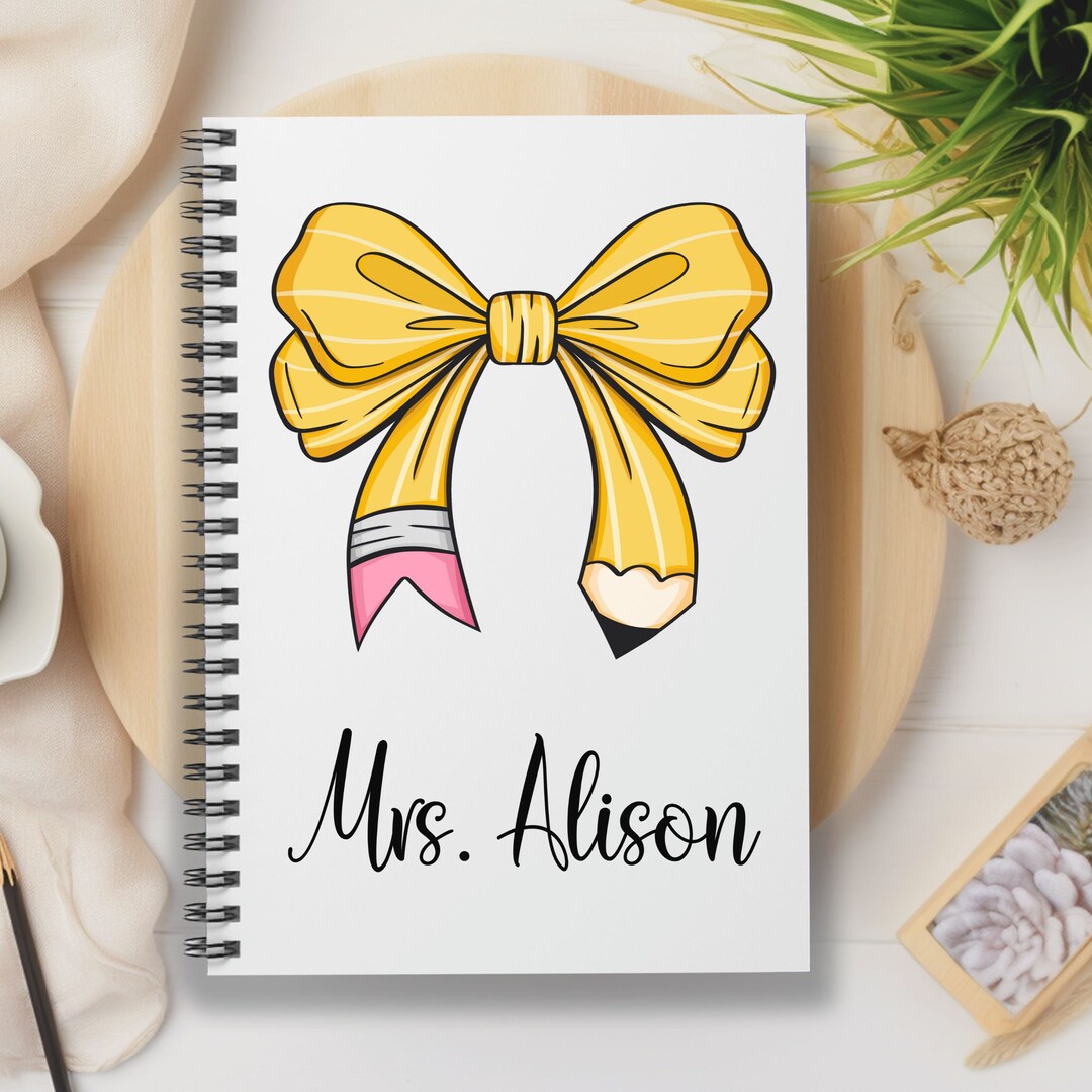Custom Teacher Notebook Gift Ideas Personalize Name Pencil Bow Trendy ...