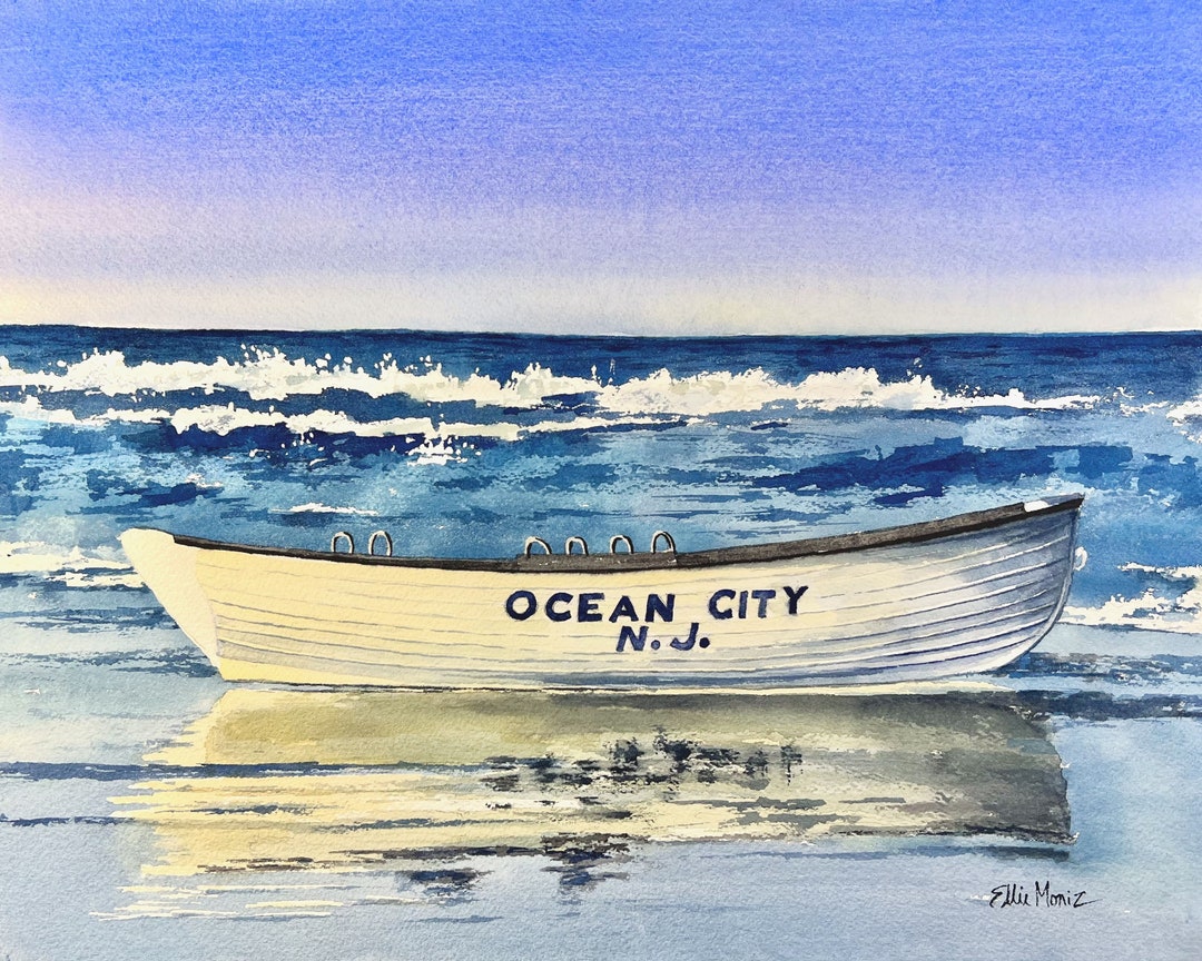 Ocean City NJ Life Boat OCNJ Lifeboat Watercolor Print Beach Coastal ...