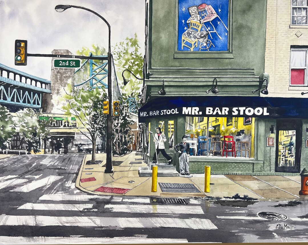 Mr. Bar Stool Philadelphia. Old City Philly Matted Watercolor Print. - Etsy